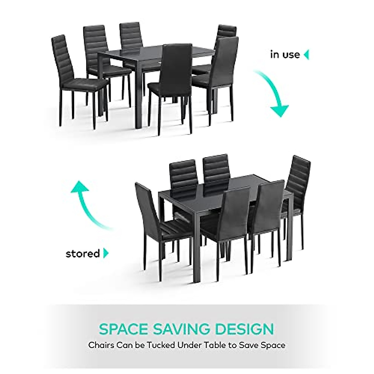 Bealife Kitchen Dining Table Set for 6, Tempered Glass 7 Piece Table and Chairs Set Modern for Home, Kitchen, Living Room, Dining Room,Black