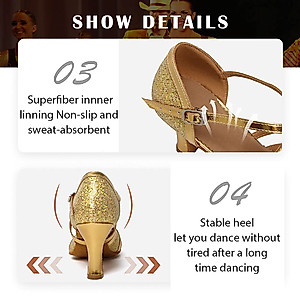 RUYBOZRY Women's Latin Dance Shoes Salsa Glitter Closed Toe Ballroom Performence Practice Dancing Shoes,512-7,Gold,8.5 US