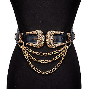 Barry.Wang Stretchy Belts Women Wide Elastic Cinch Waist Belt Designed Chain Black Snap-Button 2 Gold Buckle Halloween