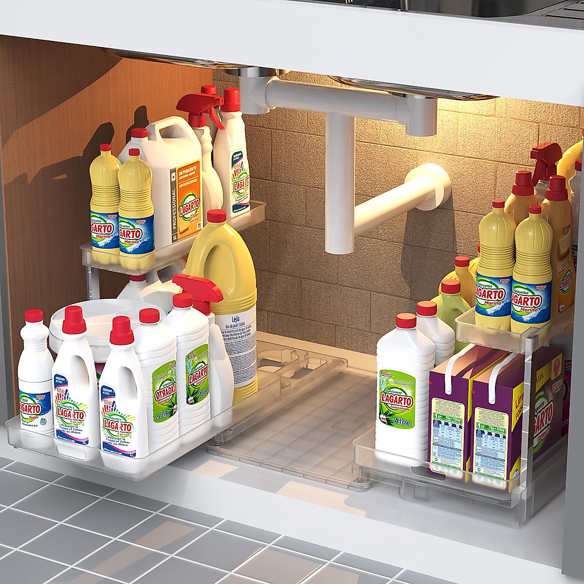 Under Sink Organizers with Waterproof Tray, L-Shaped Under Sink Organizer and Storage, Pull Out Under Cabinet Storage, Under Kitchen/Bathroom Sink Organizer