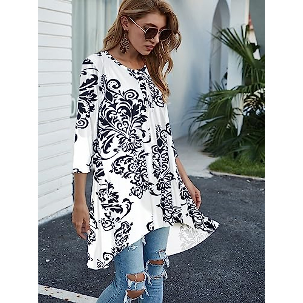 Naggoo Womens 3/4 Sleeve V Neck Button Casual Loose Flowy Swing Tunic Tops Basic Tee Shirts for Leggings L White