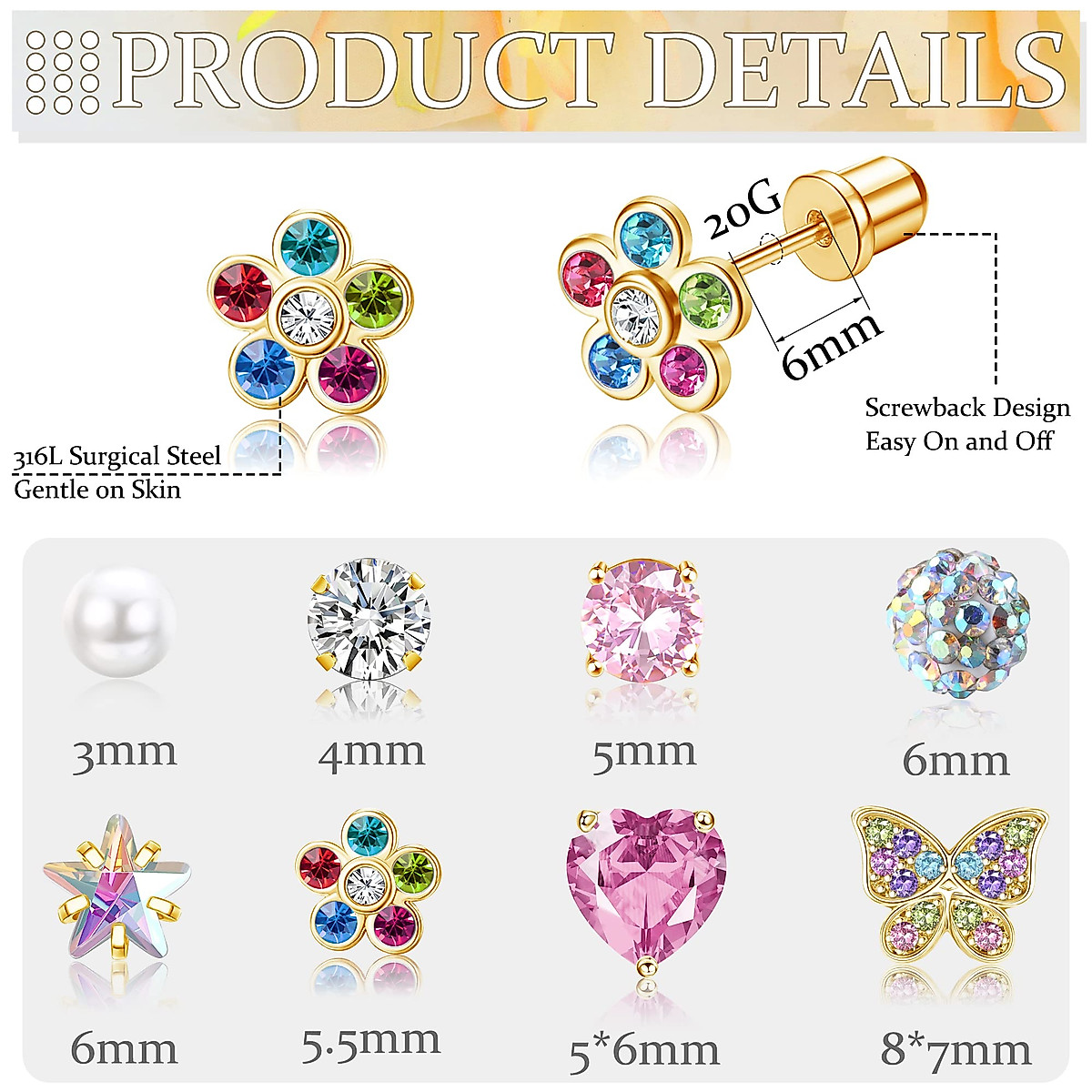 FIBO STEEL 8 Pairs Hypoallergenic Screw back Earrings for Women 316L Stainless Steel CZ Heart Pearl Flower Butterfly Screw Back Stud Earrings Pack Gold