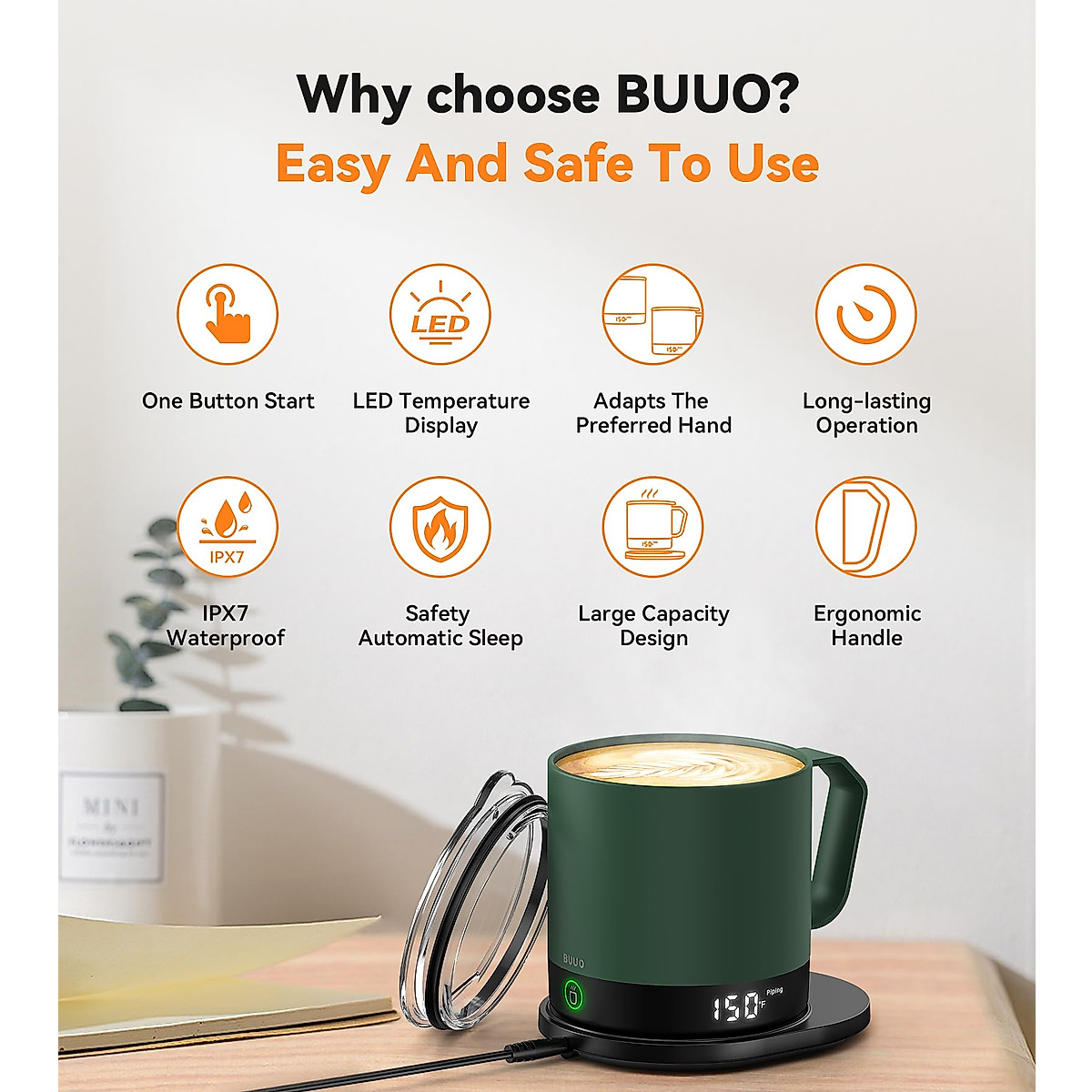 buuo Self Heating Coffee Mug, 14 Oz Temperature Control Smart Mug, double sided & Real-Time LED display, Fast Heating, mug warmer with 120 Min Battery Life, Birthday Gifts for Women and Men(Green)