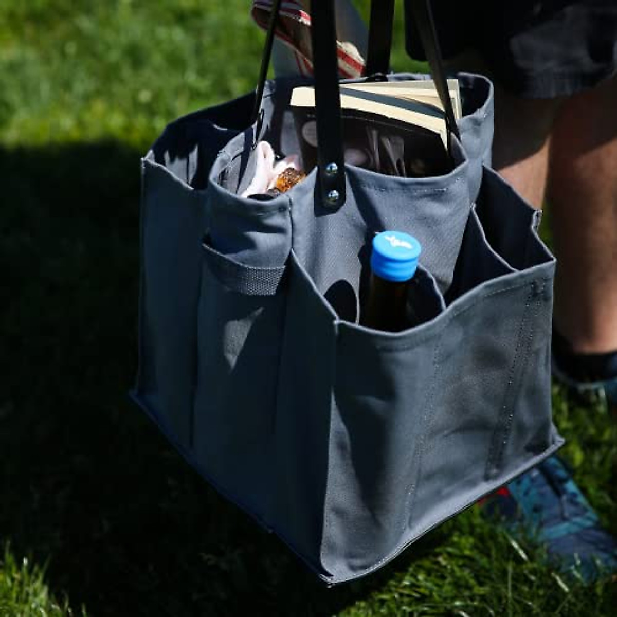 CapaBunga Farmer's Market Tote Shopping Bags with Handles - 7 Pocket Large Utility Tote Bag - Heavy Duty Canvas Utility Bag with Vegan Leather Base - Reusable Tote Bag - Grey Grocery Bag