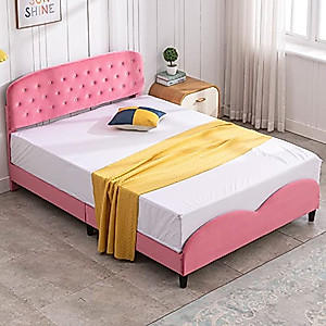 Mixoy Kids Full Size Bed Frame with Headboard, Velvet Upholstered Platform Bed with Slatted Bed Base, No Box Spring Needed, Pink Princess Wooden Bed for Girls(Full, Diamonds)