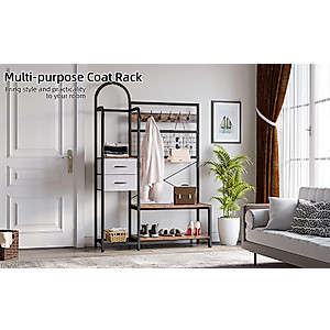 YITAHOME Entryway Hall Tree with 16 Metal Hooks, Coat Rack Stand with Side Shelves, Industrial Coat Rack Shoe Bench with 2 Foldable Drawer, Gray, 70" High