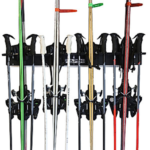 TRAPAWAY Wall Rack | Holds 4 pair of Skis or Snowboard by Bindings | Garage Organizer for Yard Tools, Gear & Equipment | Aluminum | No Moving Parts to break or pinch | Made in the USA (Black Quad)