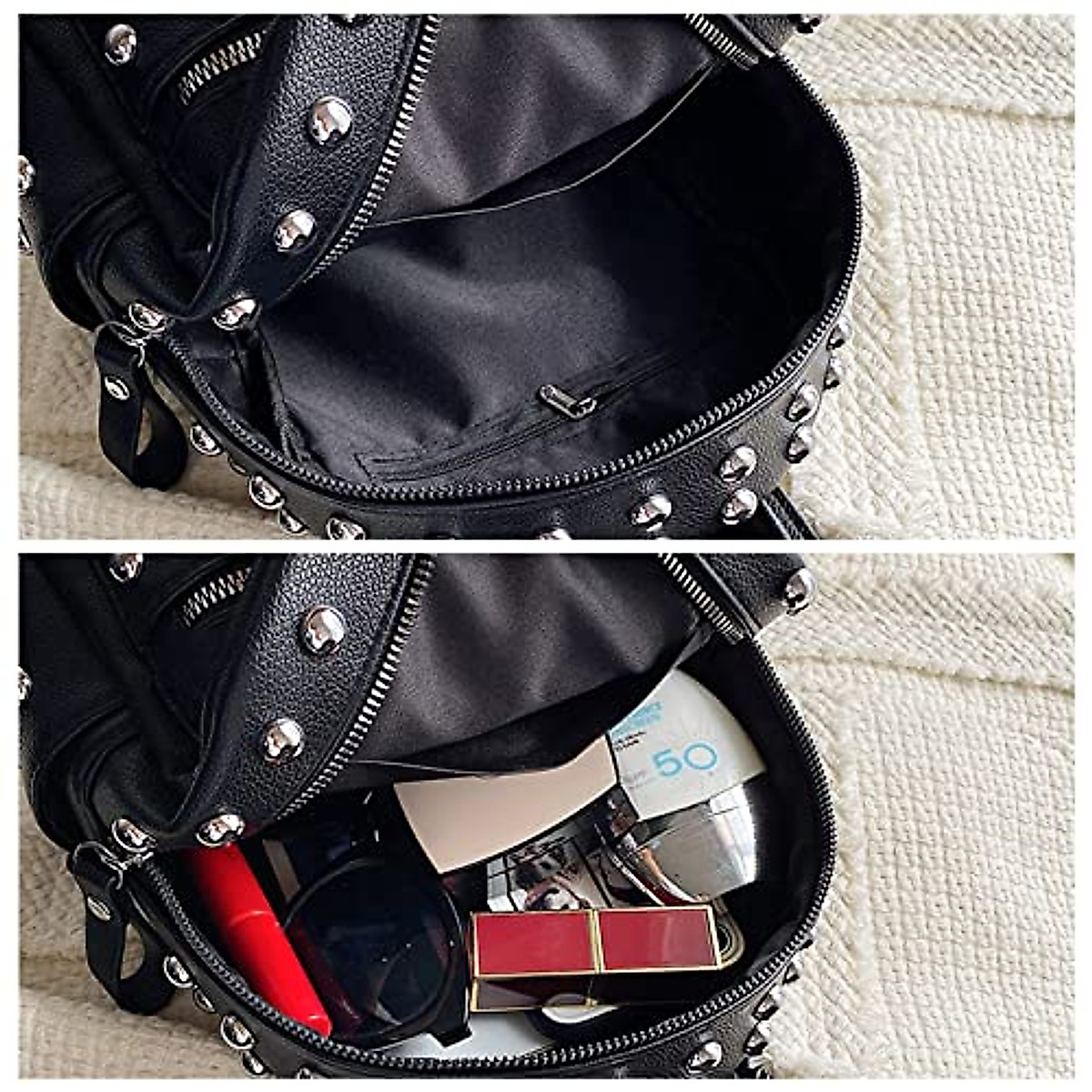 GEEMONT Women Small Backpack Rivets Studded Leather Purse Gothic Daypack Satchel Multipurpose Tote Handbag (Black)