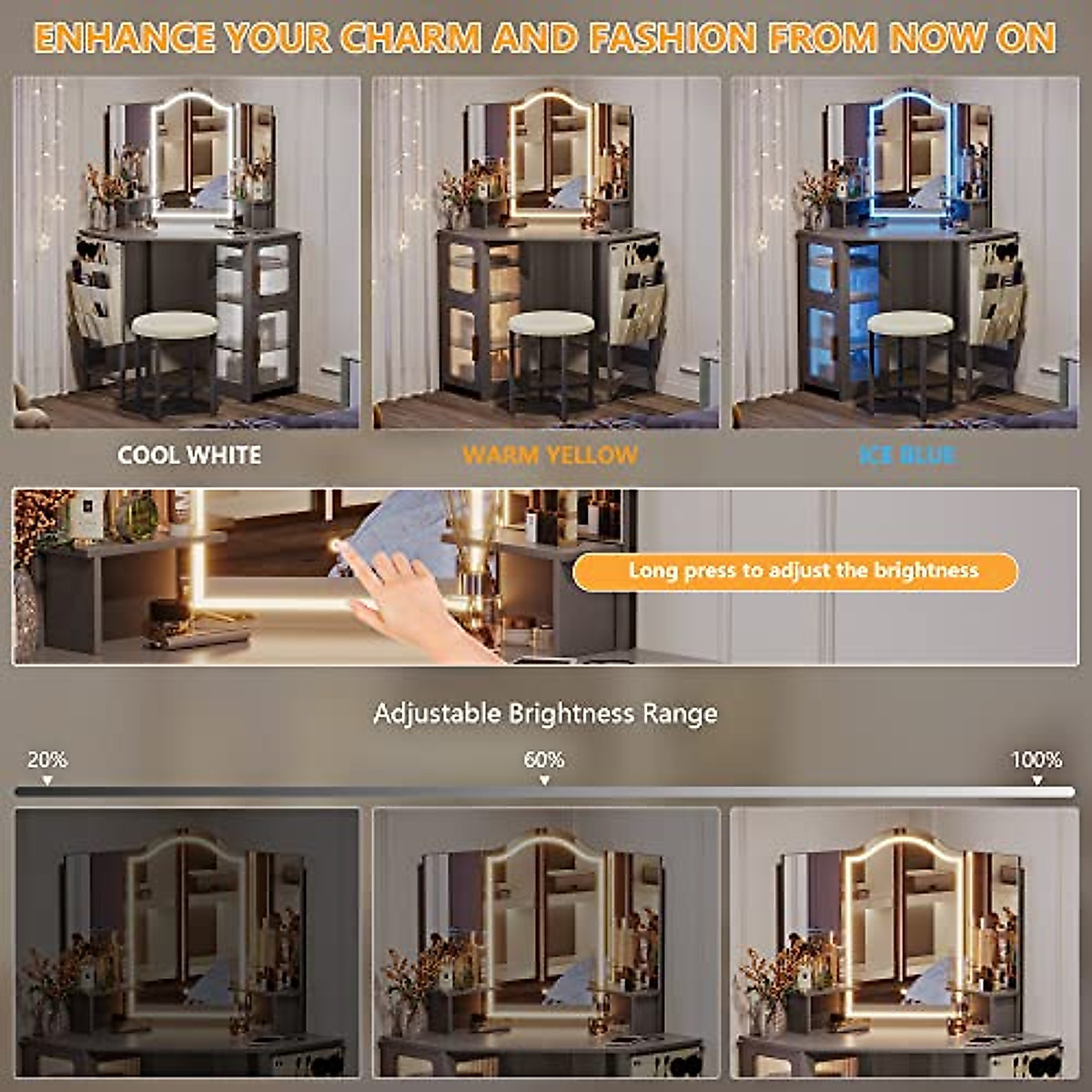 LVSOMT Vanity Desk with Mirror and Lights, Makeup Vanity with Charging Station, Dressing Table with 3 Lighting Options, Vanity Set with Drawers, Women’s Corner Vanity table, Grey