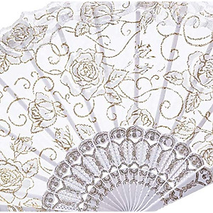 Sepwedd 30pcs Rose Lace Floral Folding Hand Fans Chinese Retro Folding Fan Bridal Dancing Props Church Wedding Gift Party Favors with Gift Bags（White）
