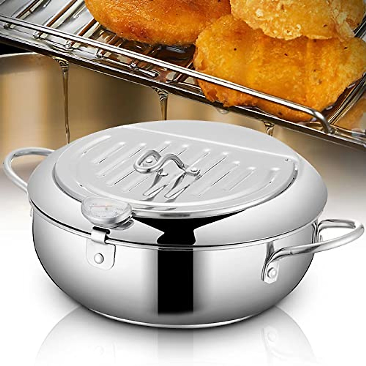 Deep Fryer Pot, 3.4L Tempura Deep Frying Pot 304 Stainless Steel with Temperature Control and Oil Filter Rack for French Fries and Chicken(9.5inch）