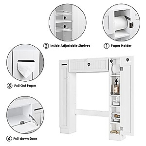 Over-The-Toilet Storage Cabinet with 2 Side Doors, Freestanding Toilet Cabinet Organizer with Adjustable Shelves & Paper Holder, Bathroom Space Saver with Pull-Down Door, Toilet Rack, White