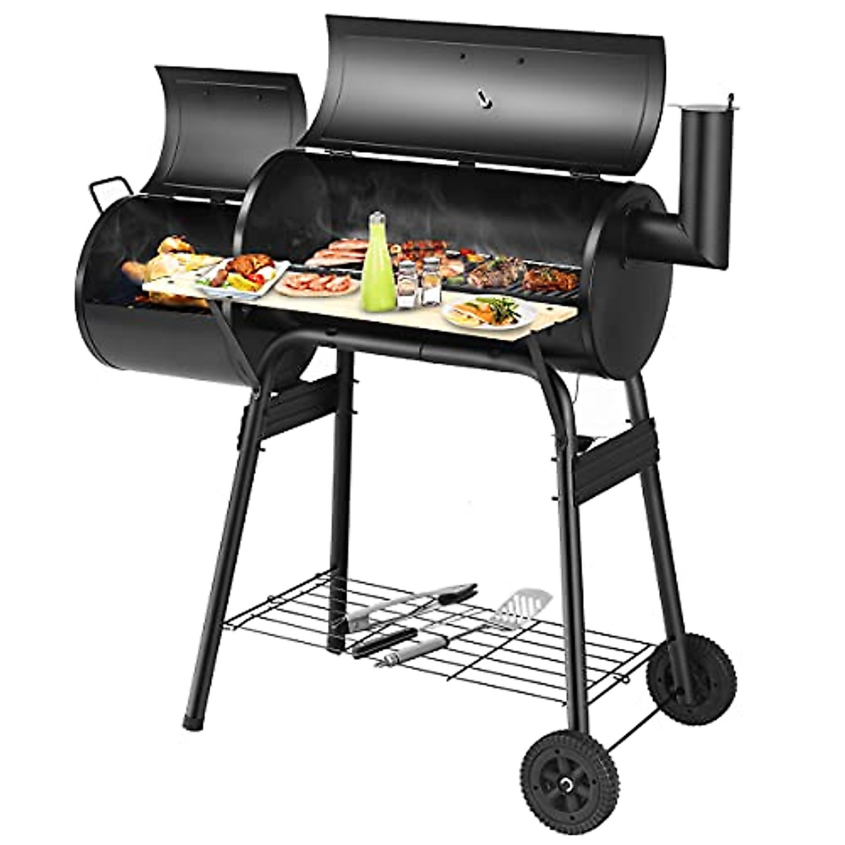 ORALNER Charcoal Grills, Portable Outdoor BBQ Grill with Wheels, Patio Drum Barbecue Grill w/ Offset Smoker, Charcoal Barrel Grill Outdoor Cooking, Ideal for Party, Picnic, Gathering, Camping