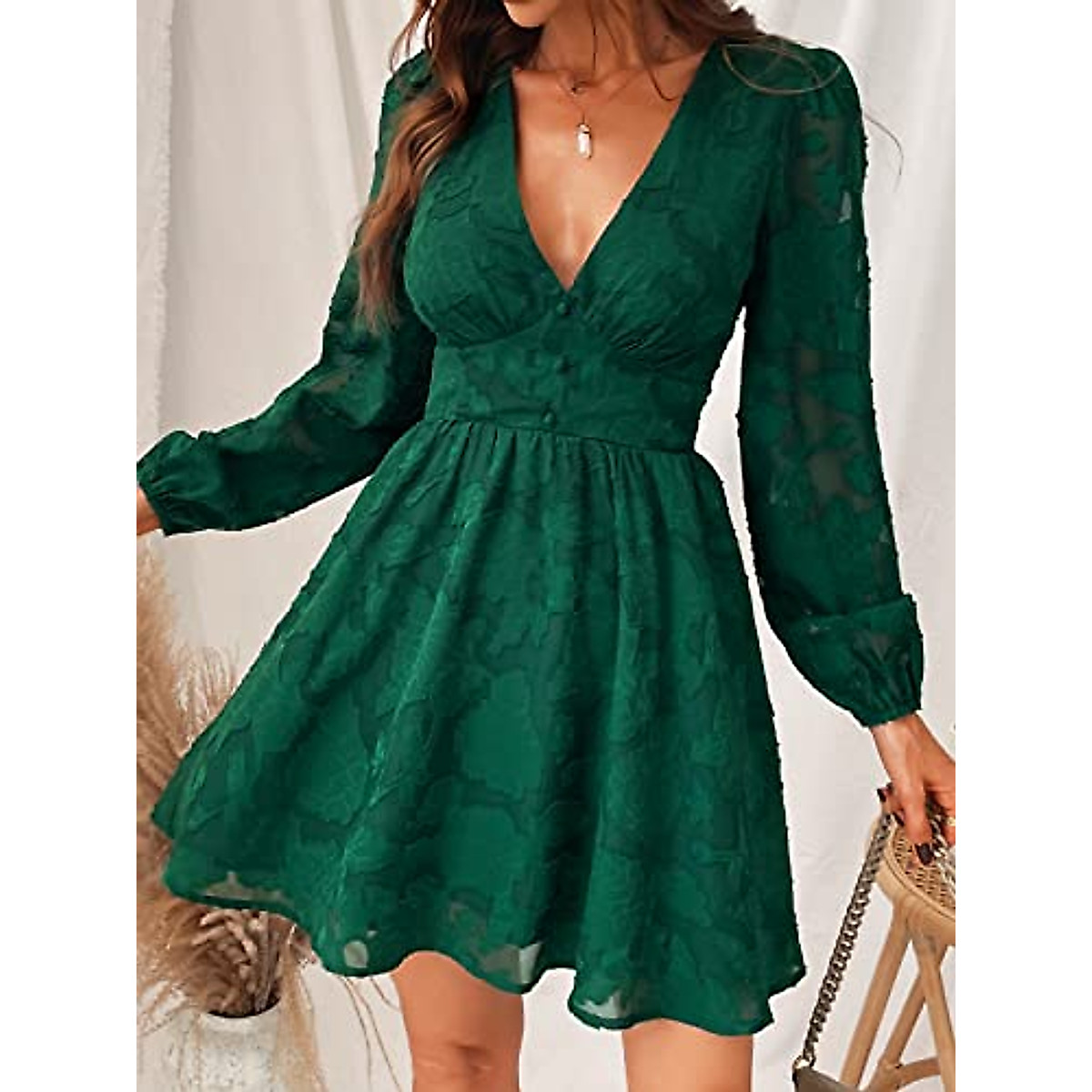 CUPSHE Women's Lace Mini Dress Long Sleeve Floral Print A Line Dress for Party Bodycon Dress