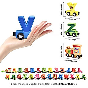 Atoylink 27 Pcs Wooden Train Cars Set Toddlers Magnetic Alphabet Animal Train Toy Kids Boys Girls Letter Cars Montessori Educational Toys for Age 3 4 5 6 7 8