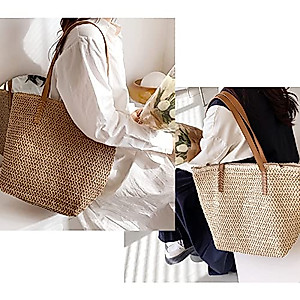 MABROUC Straw Bag, Straw Beach Bag for Women and Girls, Large Woven Summer Tote Handbag Shoulder Bag for Outdoor Vacation(Medium, beige)