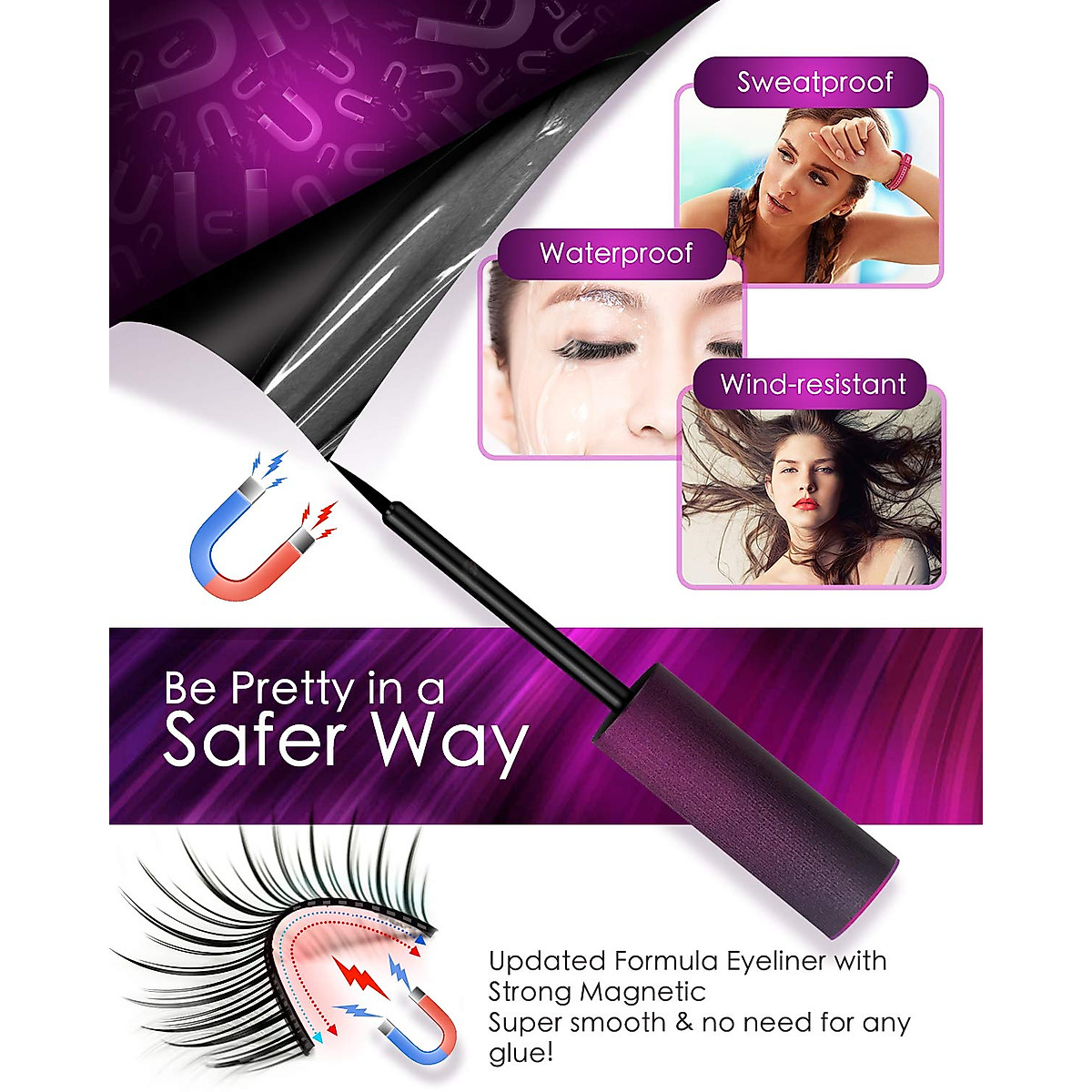 Bisutang Magnetic Eyelashes with Eyeliner, 12-Pair Reusable Magnetic Lashes with 2 Tubes of Magnetic Eyeliner, Glue-free Natural Look Eye Lashes Kit with Scissors Tweezers & Mirror Case