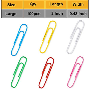 Vinaco Paper Clips Colorful, 100 Pack Large Paper Clips 2 Inch (50 mm), Durable & Rust Resistant, Jumbo Paper Clips, Colored Paper Clips. Great for Office, School and Personal Use (Multicolored)