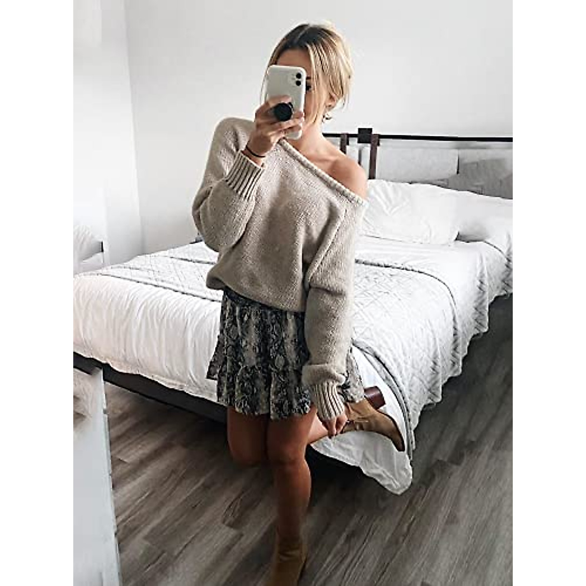 BTFBM Women Casual Long Sleeve Fall Sweaters Crew Neck Solid Color Soft Ribbed Knitted Oversized Pullover Loose Fit Jumper(Solid Apricot, Large)