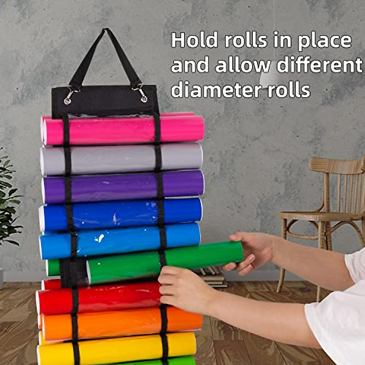 AGX Bravo Vinyl Roll Holder with 48 Compartments - Clear Vinyl Storage Organizer Wall Mount/Over The Door, Hanging Craft Vinyl Storage Rack with Door Hooks and Strap (Black)