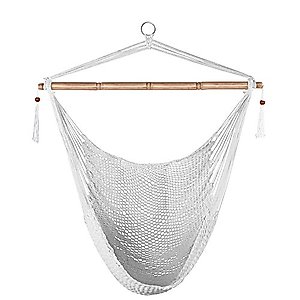 Lazy Daze Hammocks Hanging Chair Caribbean Swing Chair Hammock Chair w/Soft-Spun Cotton Rope, 40" Hardwood Spreader Bar Wide Seat, Max 300 Pounds, for Indoor Outdoor Garden Yard, White with Macrame