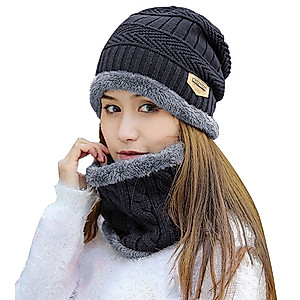 Winter Hat Scarf Gloves Slouchy Beanie Snow Knit Skull Cap Touch Screen Mittens Circle Scarves for Women Black