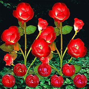 ANGMLN 2 Pack Solar Garden Lights, Solar Flower Lights Outdoor Waterproof with 10 Head Red Rose 7-Color Changing Landscape Lights for Pathway Garden Patio Yard Valentine's Day Christmas Decoration