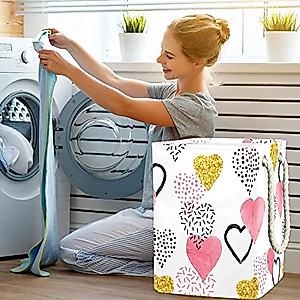 Inhomer Glittering Gold Pink Hearts Pattern Large Laundry Hamper Waterproof Collapsible Clothes Hamper Basket for Clothing Toy Organizer, Home Decor for Bedroom Bathroom