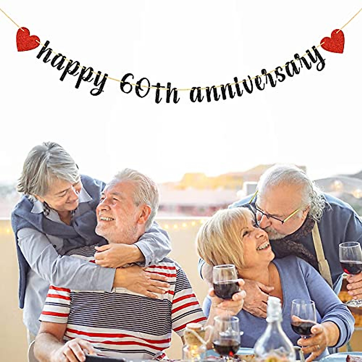 WeBenison Glitter Happy 60th Anniversary Banner, 60th Wedding Anniversary Party Banner Decor, 60th Anniversary Party Decorations Black & Red