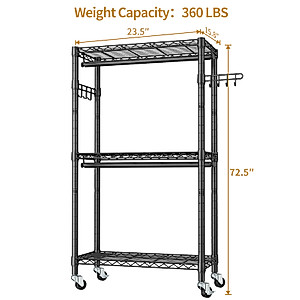 Heavy Duty Clothes Rack Rolling Garment Rack,3 Tier Adjustable Wire Shelving Clothing Racks for Hanging Clothes with Double Rods&Side Hooks,Freestanding Wardrobe Storage Rack Metal Portable Closet