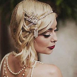GORTIN 1920's Flapper Headband Leaf Rhiestones Headpiece Pearl Tassel Bride Wedding Headdress Head Bands Bridal Flapper Hair Accessories Head Chain for Women and Girls (Gold)