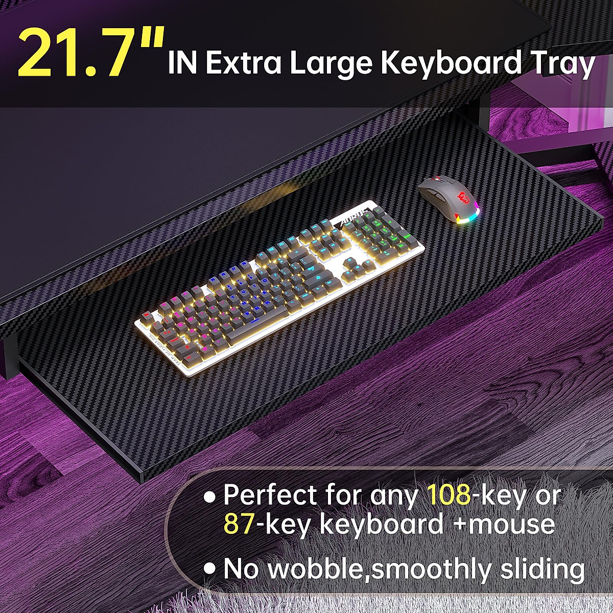 SEDETA 79" Gaming Desk, Computer Desk with 2 Fabric Drawers & LED Light, L Shaped Gaming Desk with Storage Shelf for Home Office, Carbon Fiber Black