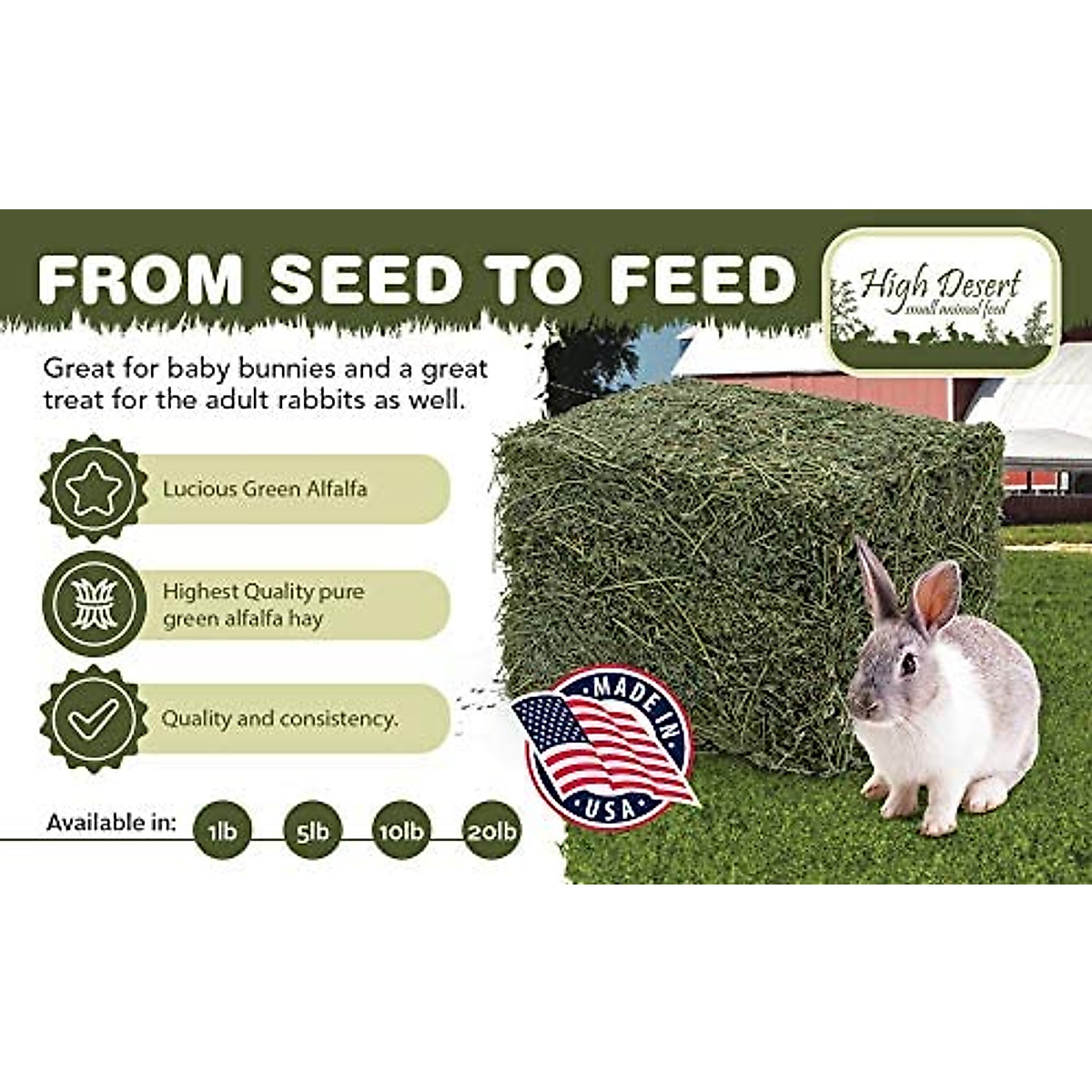 High Desert Alfalfa Hay - Dried Natural Alfalfa Hay for Rabbits, Guinea Pigs, Chinchillas, and Ferrets - Protein and Fiber Rich Food for Small Animals - Healthy Pet Food