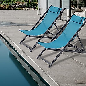 BETTAHOME Outdoor Aluminum Patio Sling Chairs, Beach Deck Chair, Portable Folding Lounge Chairs, Height Adjustable, Set of 2, Teal Color