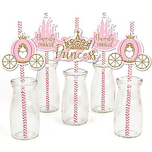 Little Princess Crown - Paper Straw Decor - Pink and Gold Princess Baby Shower or Birthday Party Striped Decorative Straws - Set of 24