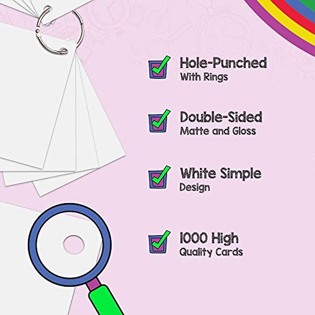 Blank Flash Cards for Studying - 2" x 3" Blank Index Notecards - 1000 Pre Hole Punched White Index Cards with Metal Binder Rings - Blank Flashcards for GMT Prep, Math, and Language