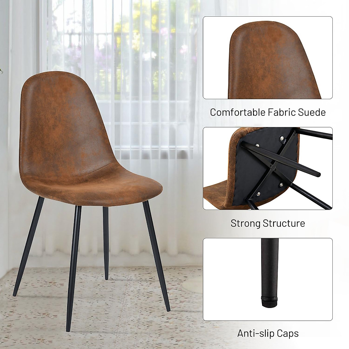 FurnitureR Dining Chairs Comfortable Upholstered Side Seating Armless for Home Kitchen Bedroom Living Room Guest Restaurant Cafe (Brown, Set of 4)