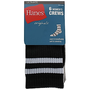 Hanes Originals Ultimate Women's, Ankle and No Show Socks, 6-Pack, Crew-Black White Stripe Assorted6 Pack, 5-9