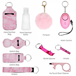 Safety Keychain Set for Women and Kids, 10 Pcs Safety Keychain Accessories, Self Defense Keychain Set for Girls with Safe Sound Personal Alarm, No Touch Door Opener, Whistle and Pom, Pink