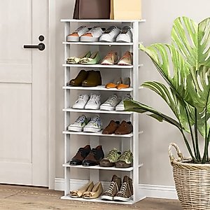 Tangkula 7-Tier Vertical Shoe Rack, Patented Entryway Wooden Double Rows Shoes Rack with Anti-Toppling Device, Narrow Shoe Rack Organizer, Space Saving Shoes Storage Stand for Front Door