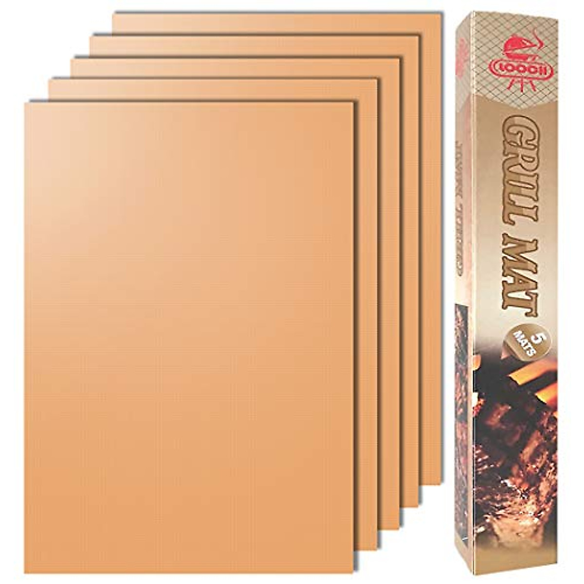 LOOCH Copper Grill Mat Set of 5 - Non-Stick BBQ Outdoor Grill & Baking Mats - Reusable and Easy to Clean - Works on Gas, Charcoal, Electric Grill and More - 15.75 x 13 Inch