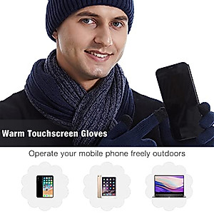 Winter Beanie Hats for Men 3 Pieces Warm Scarf Touchscreen Gloves Set Mens Fleece Lined Knit Cap for Cold Weather