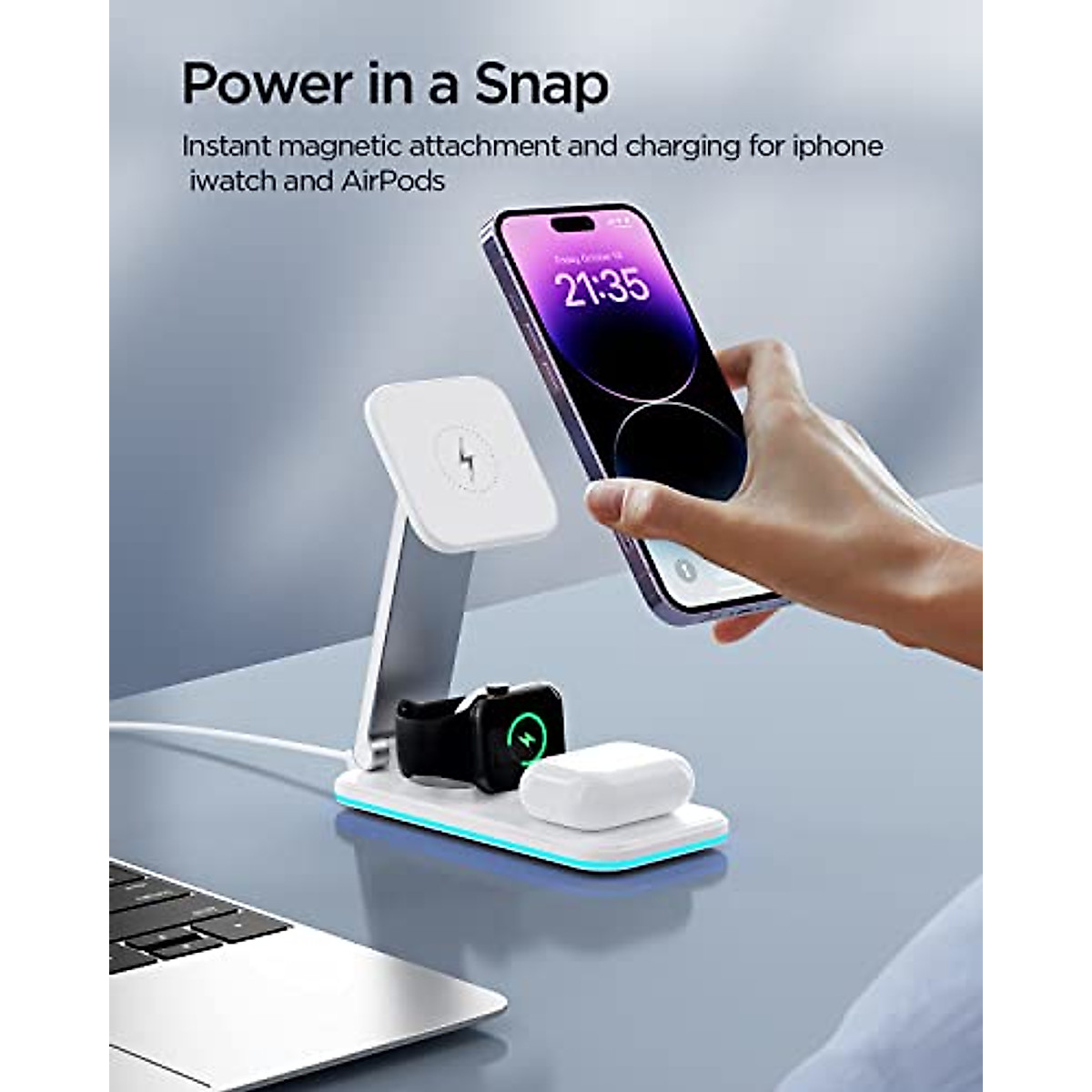 Upgraded Mag-Safe Charger-Hohosb 3 in 1 Mag-Safe Charging Station,Magnetic Foldable Charging Stand Compatible with iPhone 12/13/14 Series,AirPods Pro/2/3,iWatch 7/6/SE/5/4/3/2(18W Adapter Included)