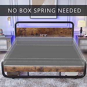 Fastroby King Size Bed Frames with Headboard LED Light, Platform Bed Frame King with 10" Under Bed Storage, Heavy Duty Bed Frame No Box Spring Needed, Easy Assembly, Rustic Brown and Black