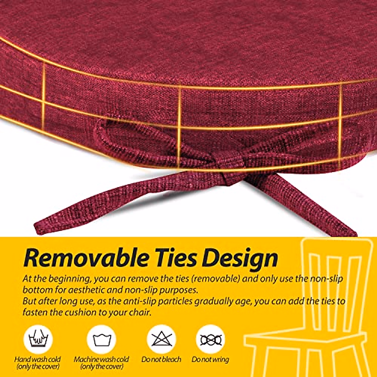 AAAAAcessories Square Chair Cushions with Ties and Removable Cover, 2" Thick Kitchen Chair Pads, Indoor Dining Room Chair Cushions, 16" x 16", 6 Pack, Wine Red