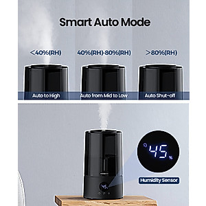 Humidifiers for Bedroom, 4.0L Humidifiers for Home Large Room, Cool Mist Humidfiers for Baby and Plant, Smart Auto Humidification, Timer, Filter Free(Black)