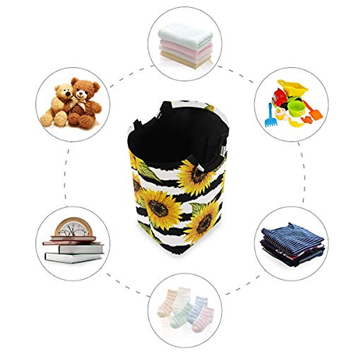 Large Sunflower Flora Stripe Laundry Bag Foldable Laundry Basket Collapsible Laundry Hamper Durable Storage Bin for College Dorm Bedroon Bathroom and Travel