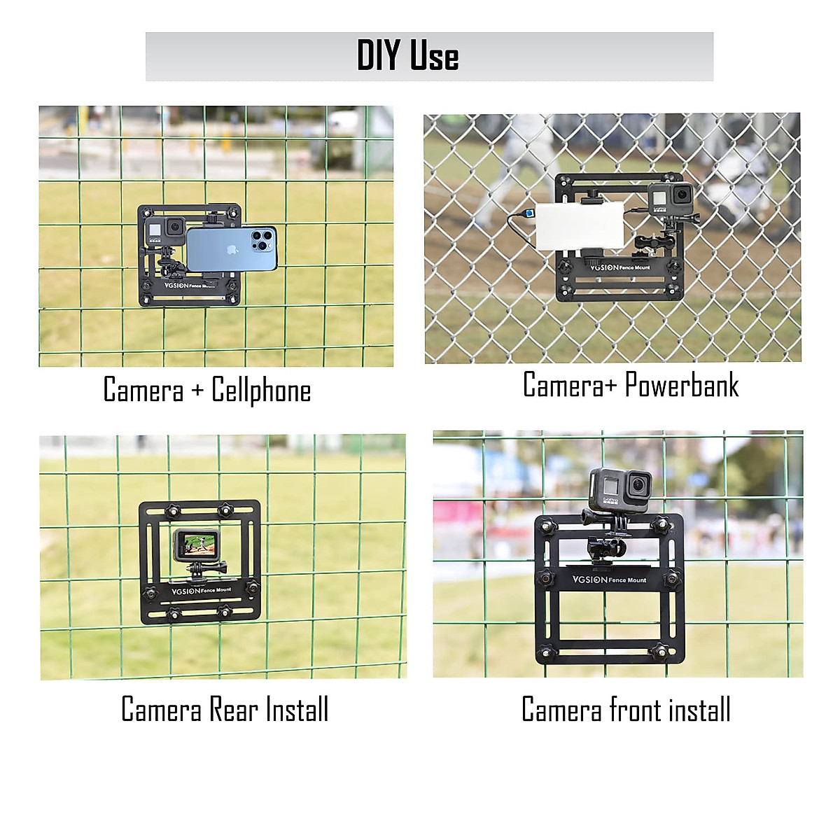 vgsion Camera Baseball Fence Mount for GoPro Hero 13, Mevo Start, Action Camera, Cell Phone, Ajustable, Secure Attachment,Support Recording While Charging Compatible with Insta360 X4, iPhone