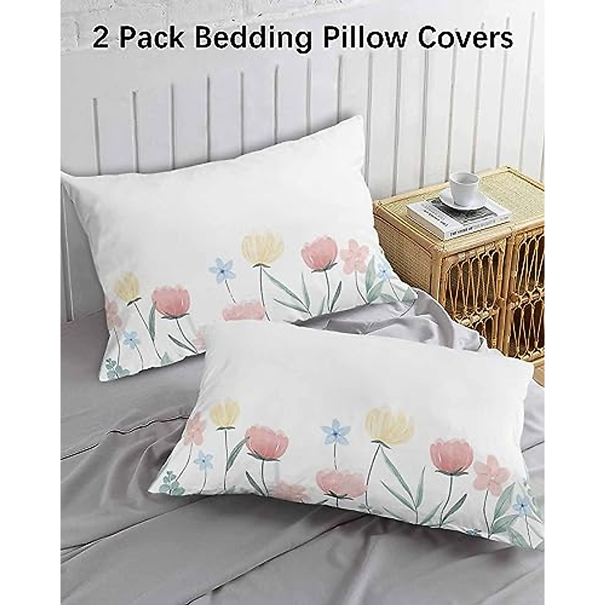 Edwiinsa Spring Floral Pillow Covers Standard Size Set of 2 20x26 Bed Pillow, Watercolor Colorful Summer Flowers Plush Soft Comfort for Hair/Skin Cooling Pillowcases with Envelop Closure