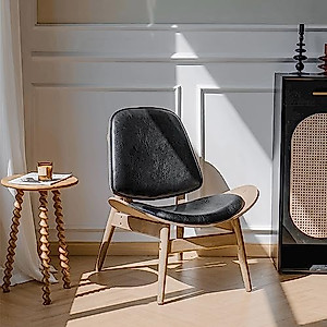 XINNAN Mid Century Modern Shell Lounge Chair, Faux Leather, Scandinavian Furniture Tripod Plywood Classic Design Solid Wood Accent Chairs for Living Room, Reading, Lounge, Office, Salon (Black)